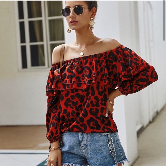 Tops | New Red Leopard Ruffle Off Shoulder Top | Poshmark